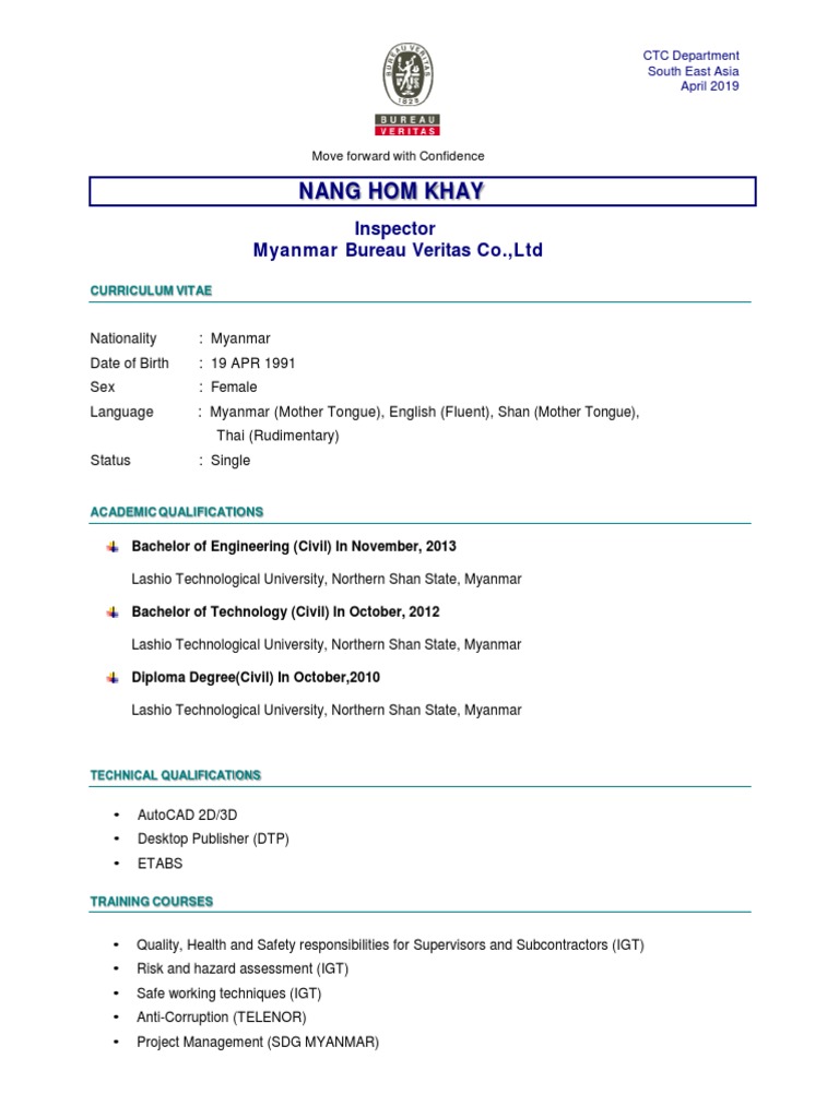 Nang Hom Khay's BV Resume | PDF | General Contractor | Economic Sectors