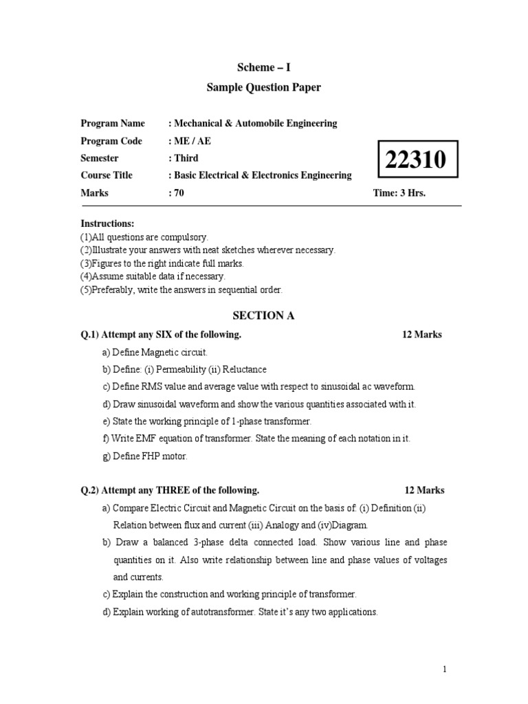 Sample Question Paper Basic Electrical & Electronics Engineering | PDF ...