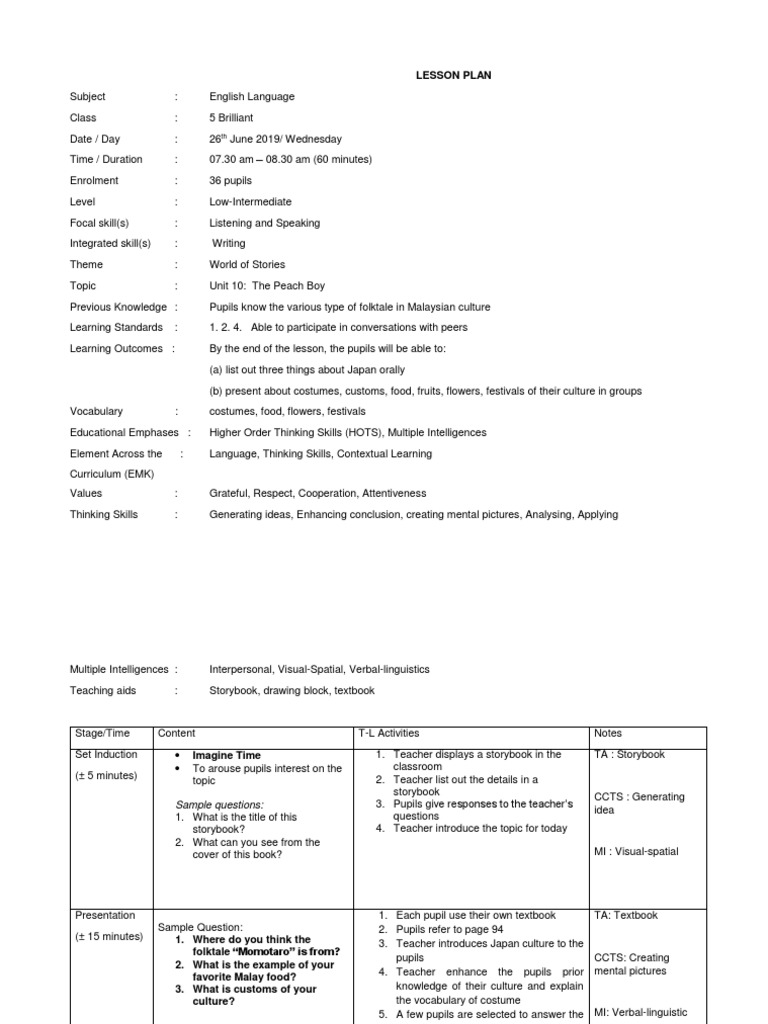 Year 5 KSSR Lesson Plan: The Peach Boy | PDF | Children's Literature | Teachers