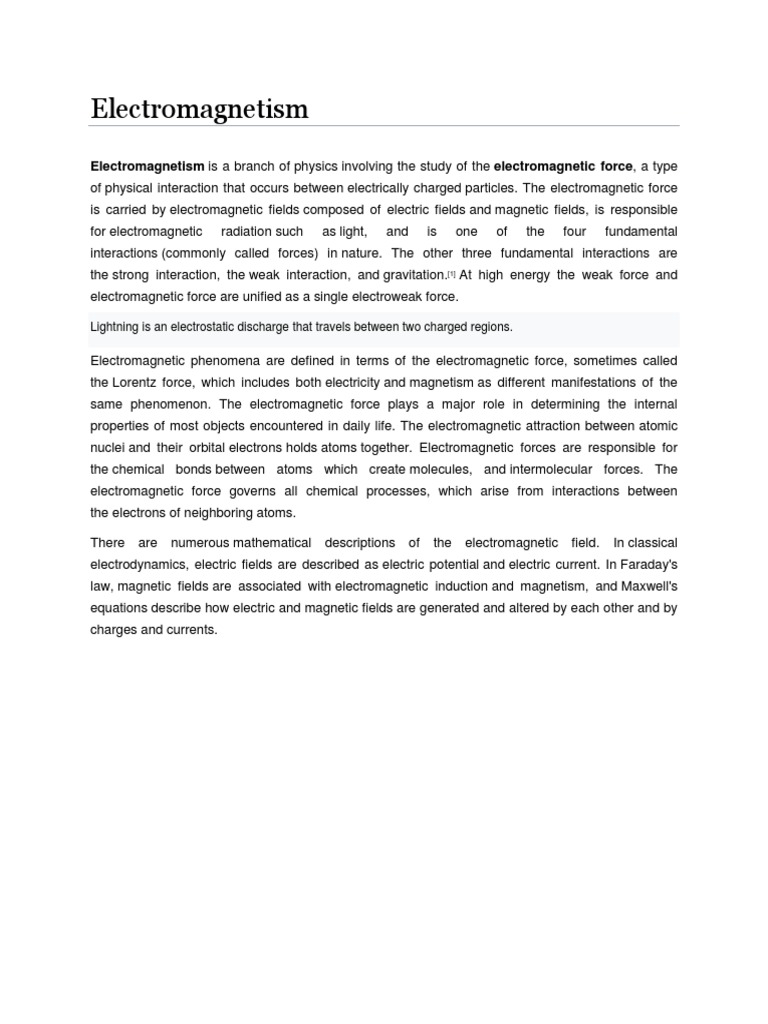 Electromagnetism: Electromagnetism Is A Branch of Physics Involving The ...