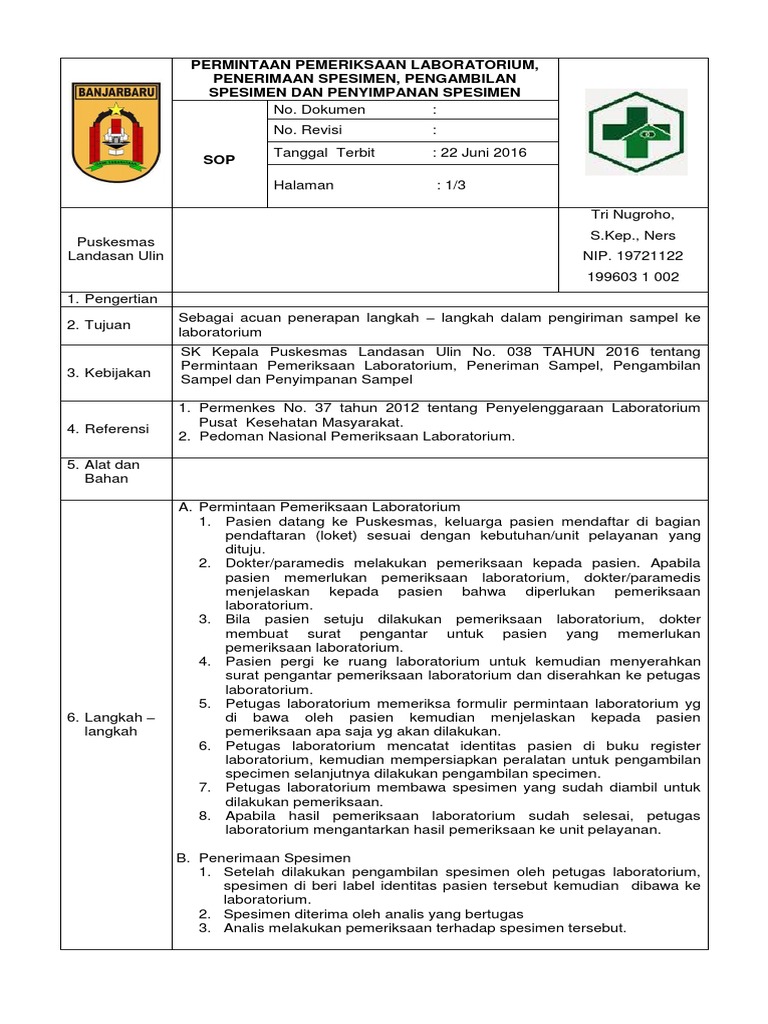 Sop Penerimaan Sampel Lab Oke | PDF