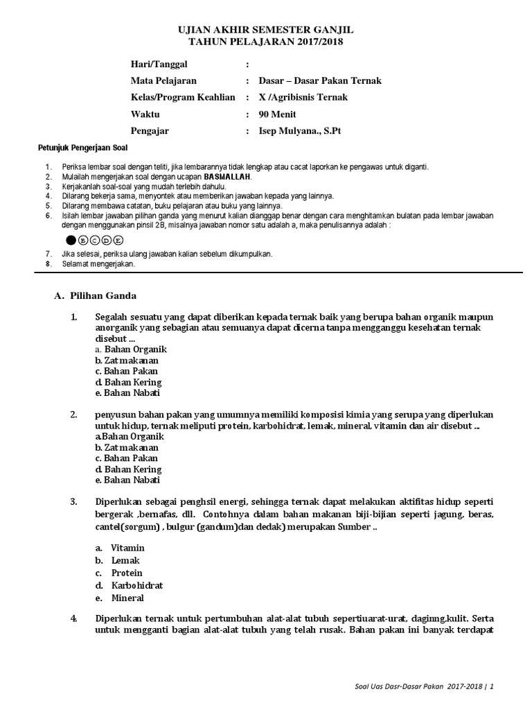SOAL Dasar2 Pakan Ternak X | PDF | Sains & Matematika