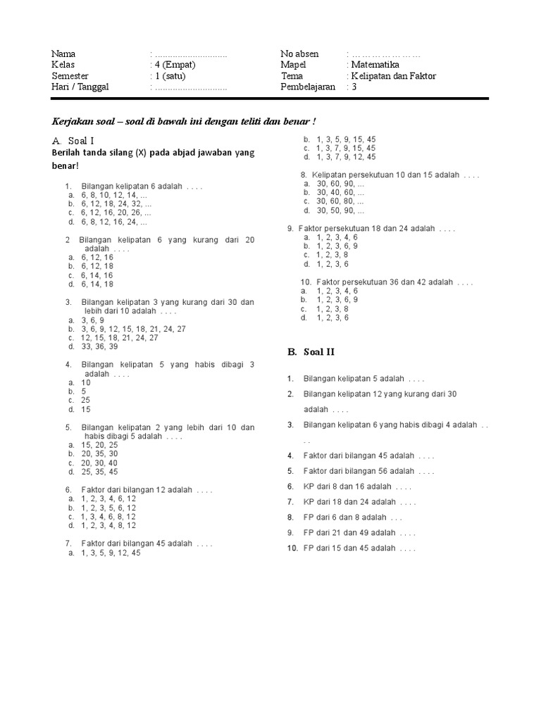Soal MTK Kelas 4 Kelipatan Dan Faktor | PDF