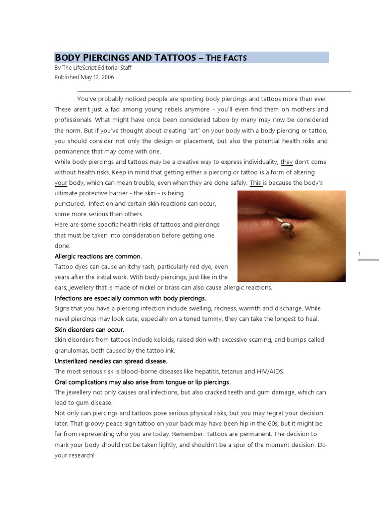 Health Risks of Tattoos and Piercings | PDF | Tattoo | Scar