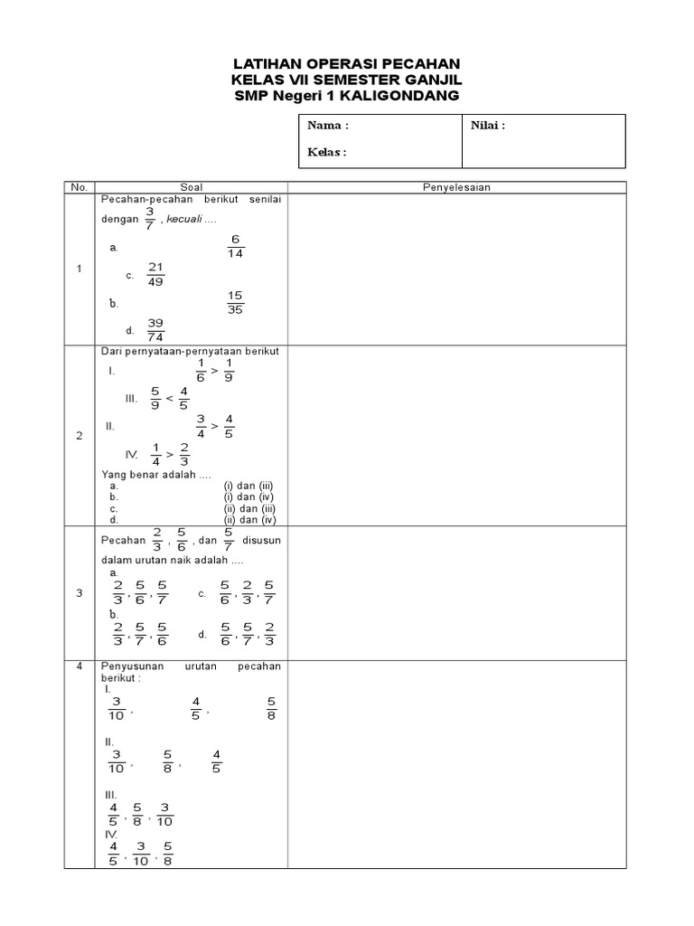 Latihan Operasi Pecahan | PDF
