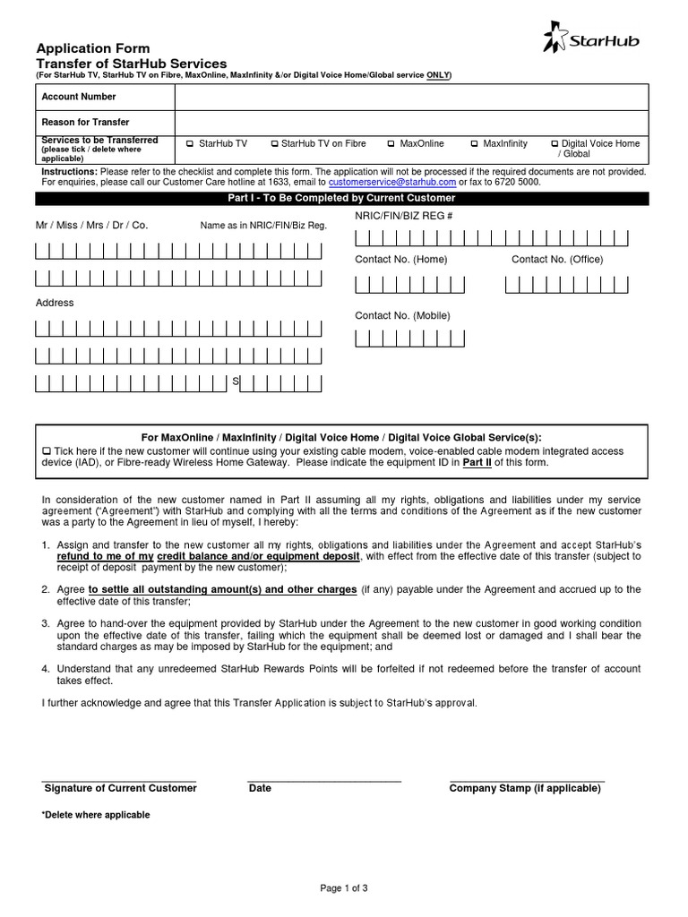 Starhub Transfers Form | PDF | Fee | Invoice