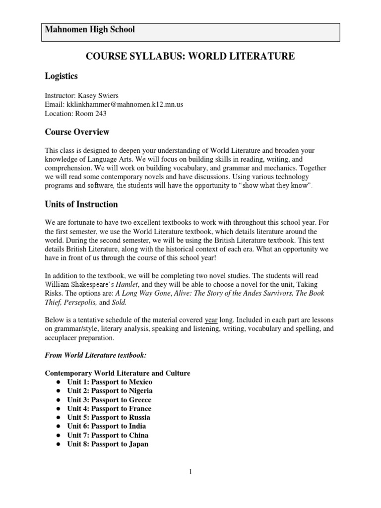 World Literature Syllabus | PDF | Homework | Cognition