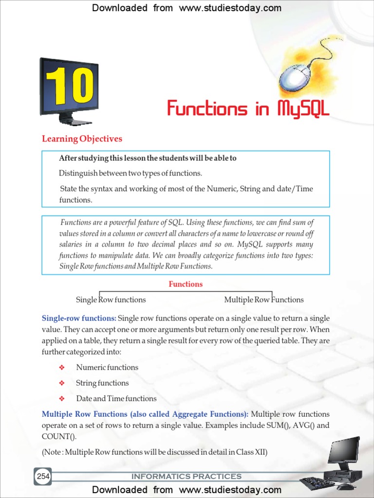 Cbse Class 11 Informatics Practices Functions In Mysql Pdf String