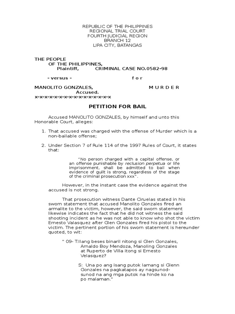 Petition For Bail - nonbailableOFFENSE-MANOLITO GONZALEZ | PDF | Bail | Prosecutor