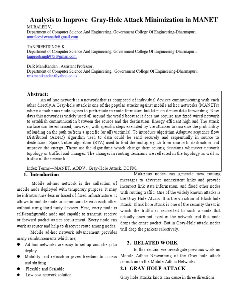 Analysis To Improve Gray-Hole Attack Minimization in MANET: Abstract ...