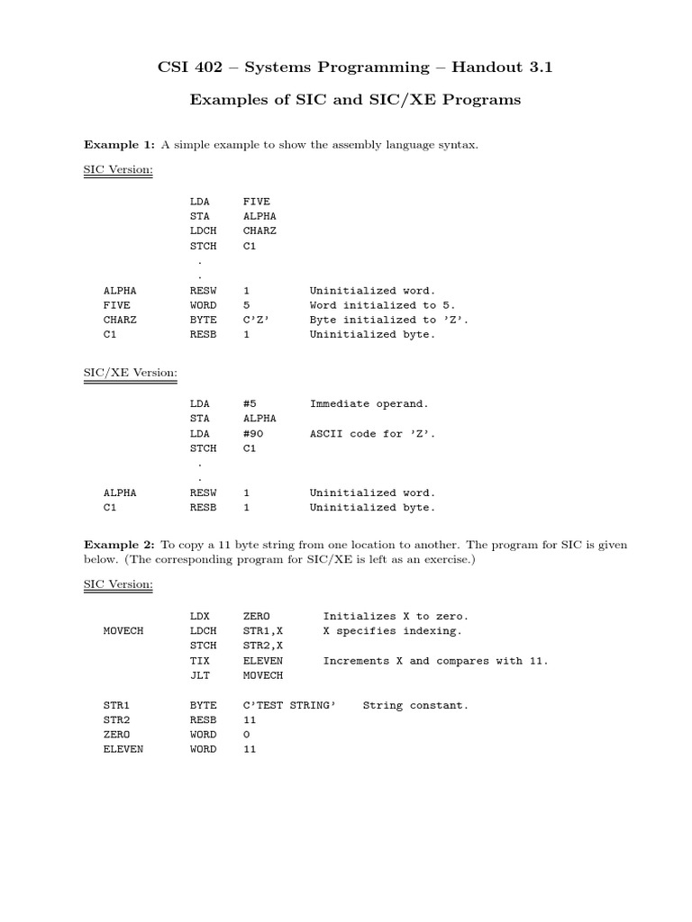 CSI 402 - Systems Programming - Handout 3.1 Examples of SIC and SIC/XE Programs | PDF