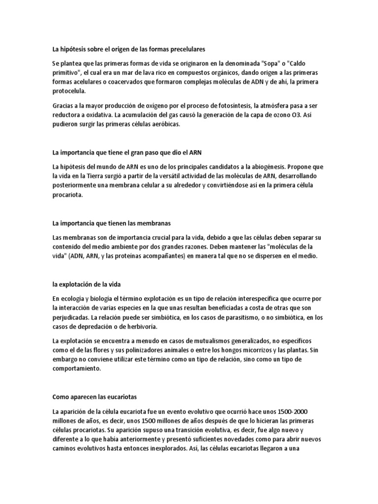 Origen de las Formas Precelulares | PDF | Biología Celular) | Eucariotas