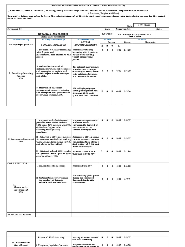 Immediate Supervisor: 5-Outstanding 4-Very Satisfactory 3 ...