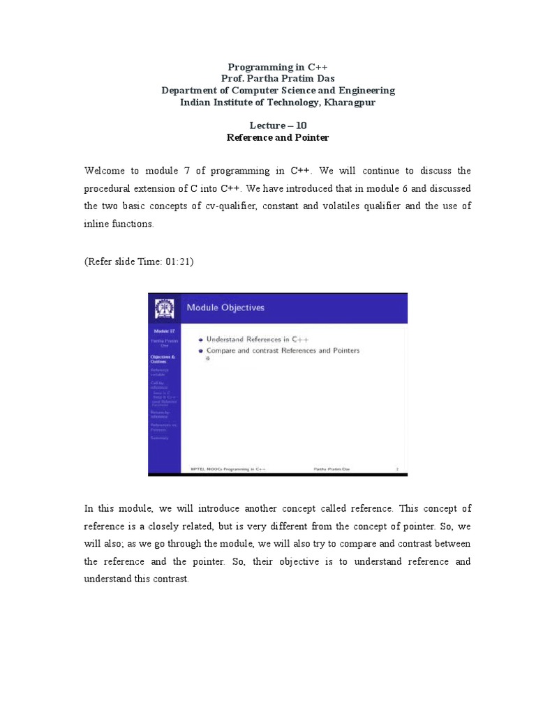 Programming In C Prof Partha Pratim Das Department Of Computer Science And Engineering Indian