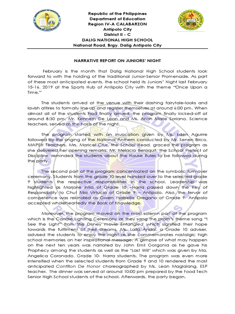 Juniors' Night 2019-Narrative Report | Download Free PDF | Prom | High Schools And Secondary Schools