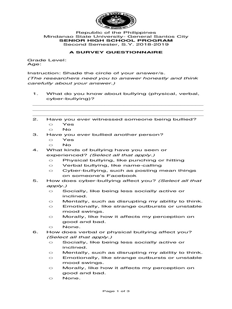 Research I Survey Questionnaire | PDF | Bullying | Cyberbullying