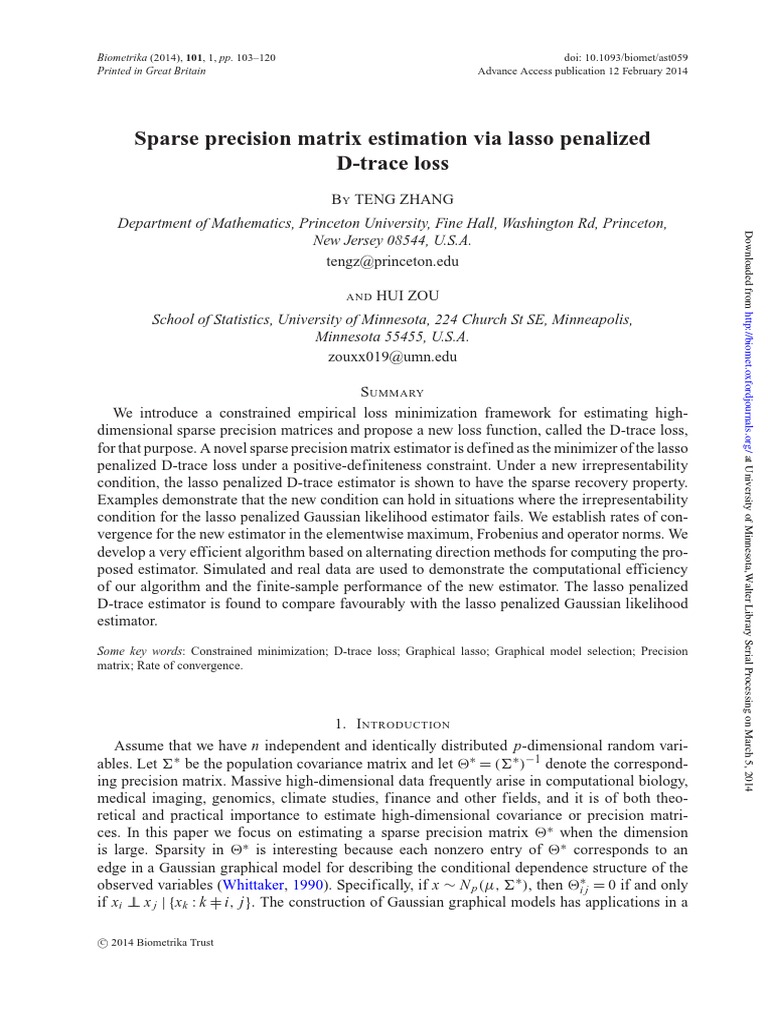 Sparse Precision Matrix Estimation Via Lasso Penalized D Trace Loss Download Free Pdf Matrix 1041