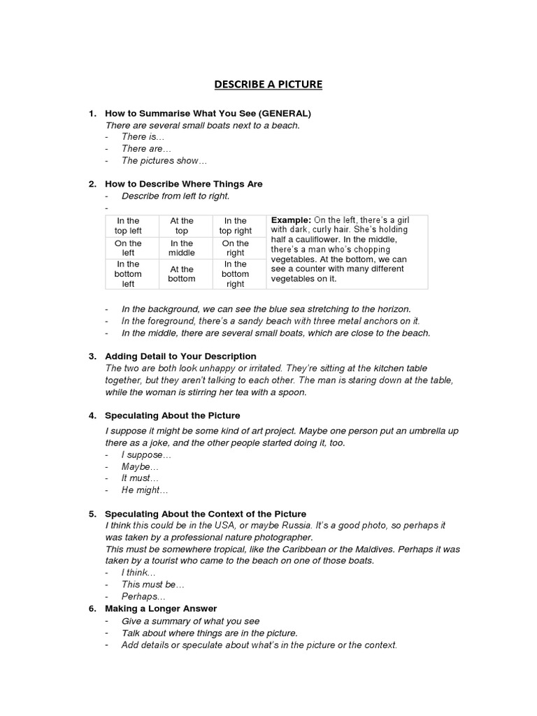 Describe A Picture: 1. How To Summarise What You See (GENERAL) | PDF