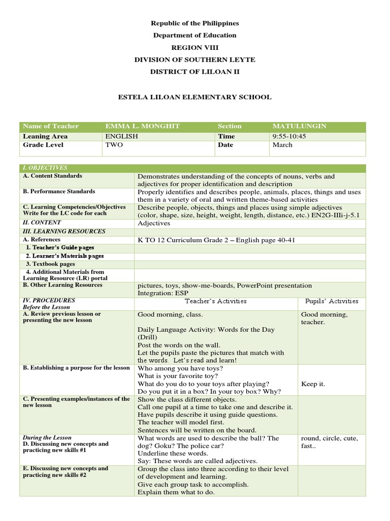 Cot - DLP - English 2 by Teacher Jelyn M. Habana | PDF | English ...