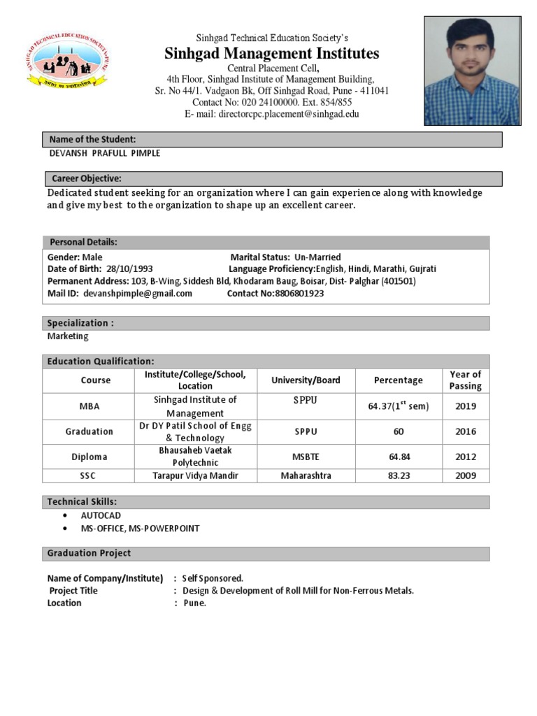 Devansh Pimple's Resume: Marketing MBA | PDF | Educational Stages | Behavior Modification
