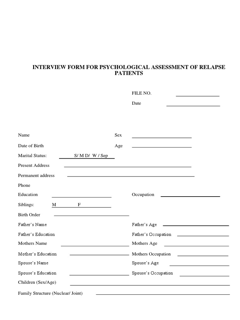 Interview Form For Psychological Assessment of Relapse Patients | PDF ...