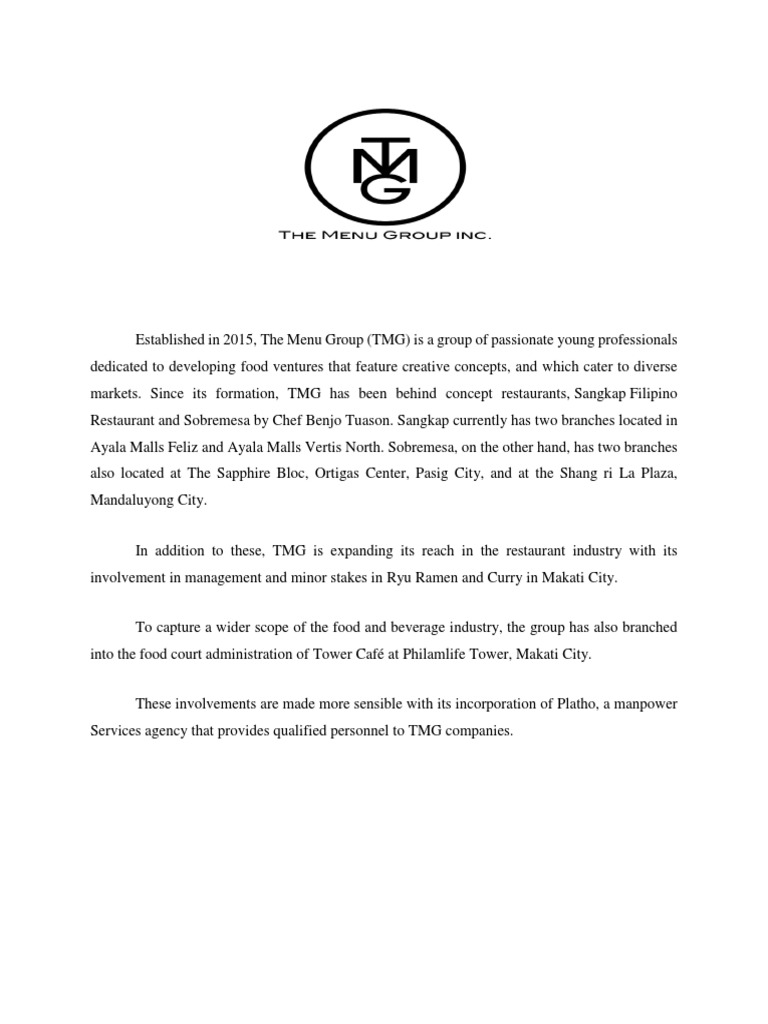The Menu Group, Inc. Profile | PDF | Beef | Salad