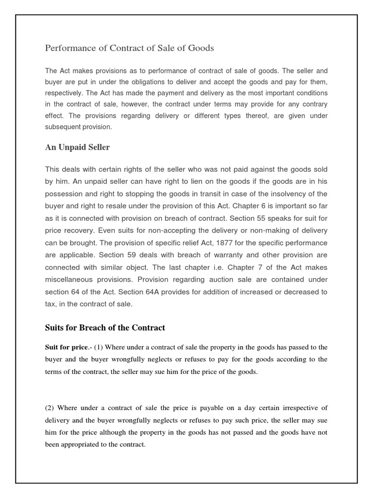 Performance of Contract of Sale of Goods: An Unpaid Seller | PDF ...