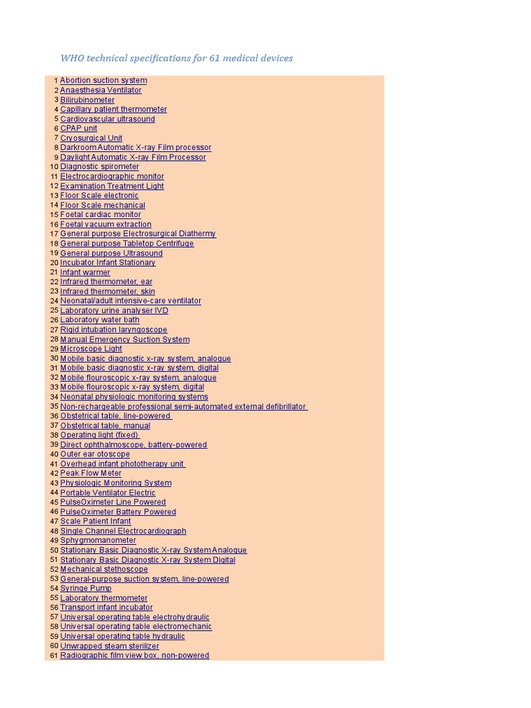 WHO Medical Device Specifications Guide | PDF | Anesthesia | Medicine