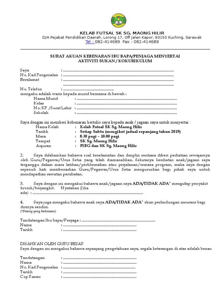 Borang Kebenaran Futsal SK Sg. Maong | PDF | Kesehatan Holistik | Gaya ...