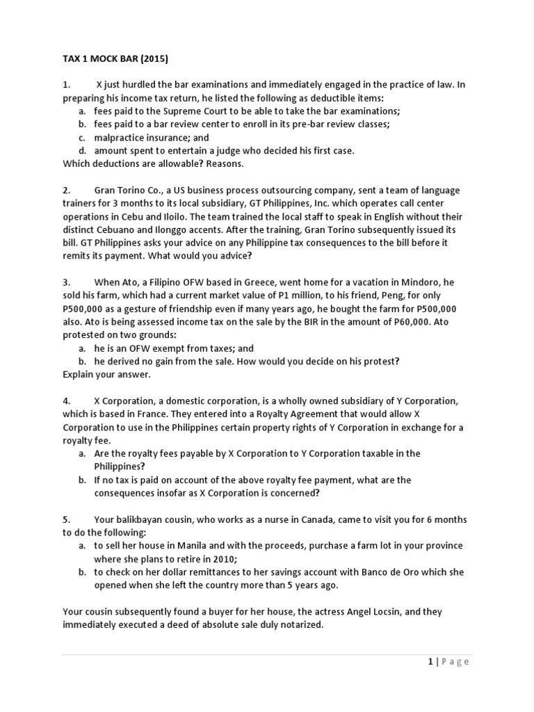 Tax 1 Mock Bar | PDF | Tax Deduction | Taxes