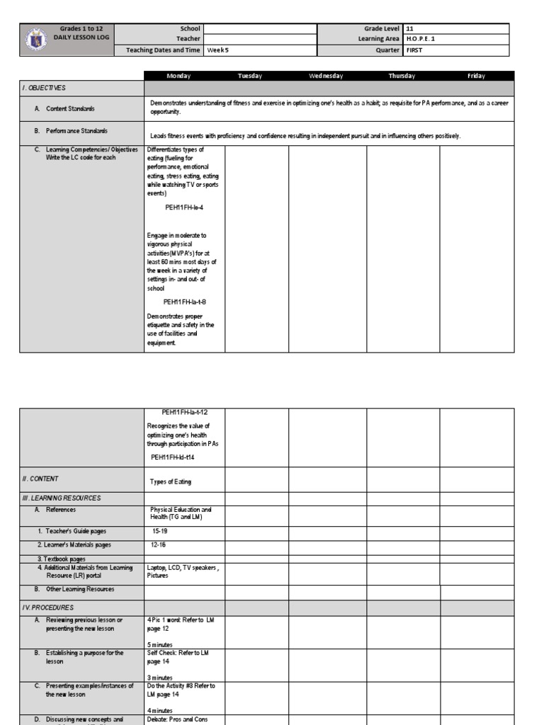 Grades 1 To 12 Daily Lesson Log School Grade Level 11 Teacher Learning ...