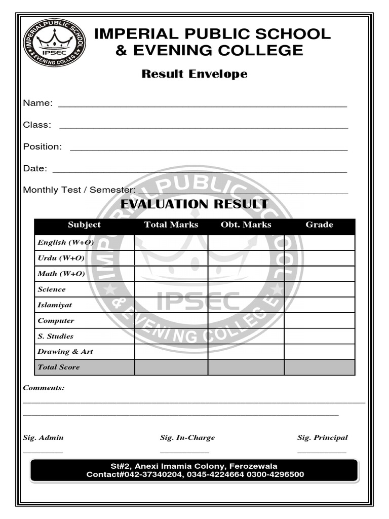 Imperial Public School Evening College Result Envelope | PDF