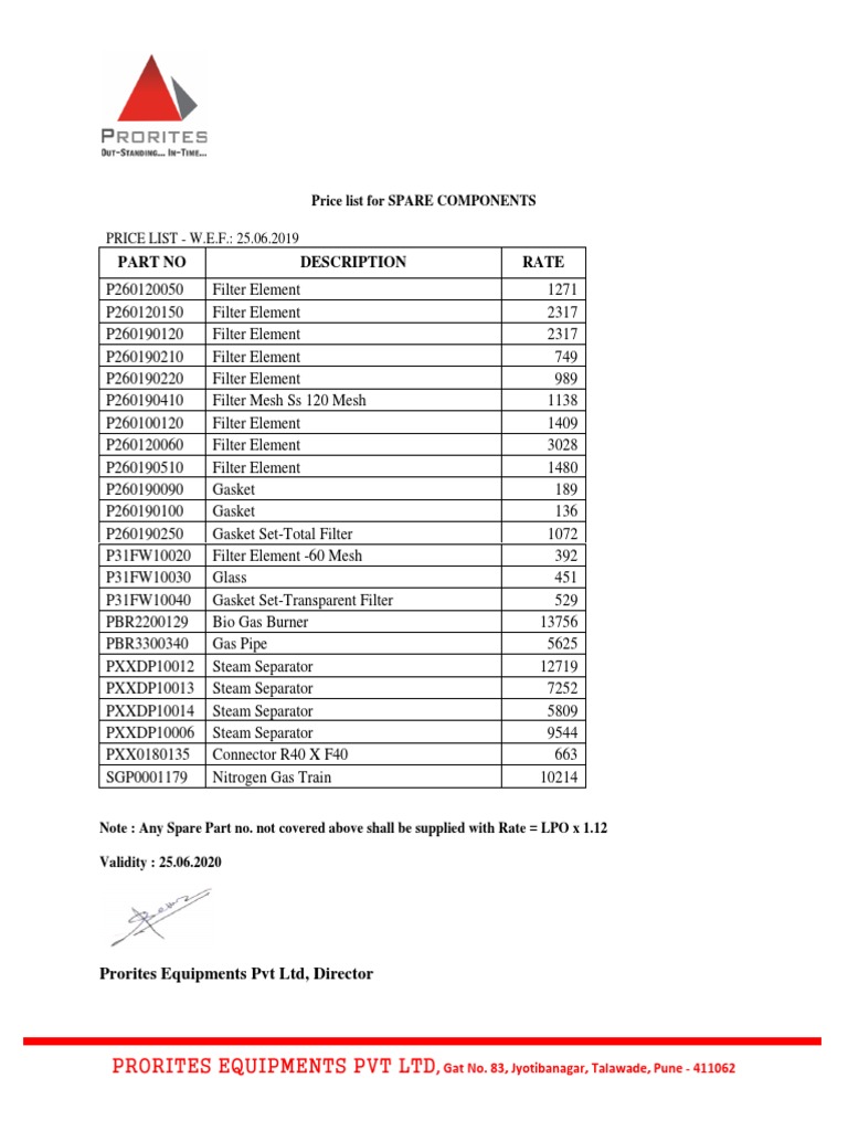 Spare component price list for filters, burners, separators and more | PDF