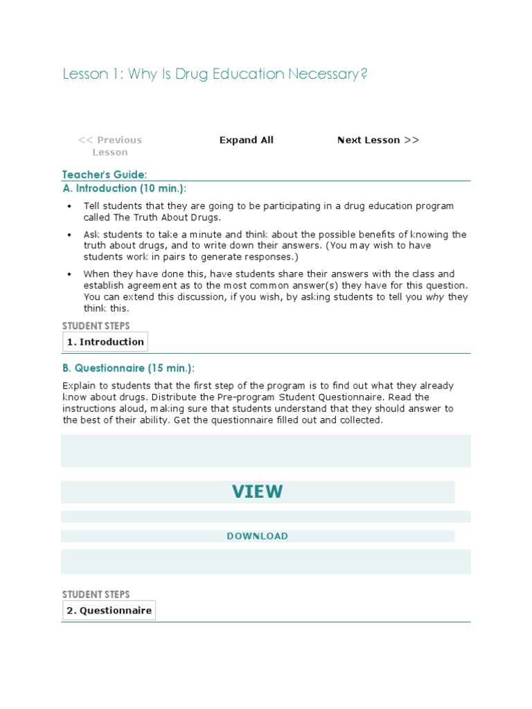 Lesson 1: Why Is Drug Education Necessary?: Teacher's Guide: A ...