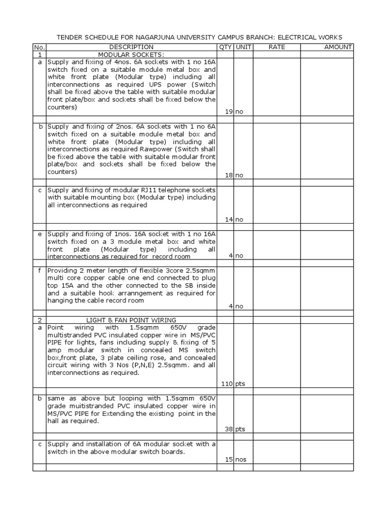 Tender Schedule For Electrical Work PDF | PDF | Electrical Connector ...