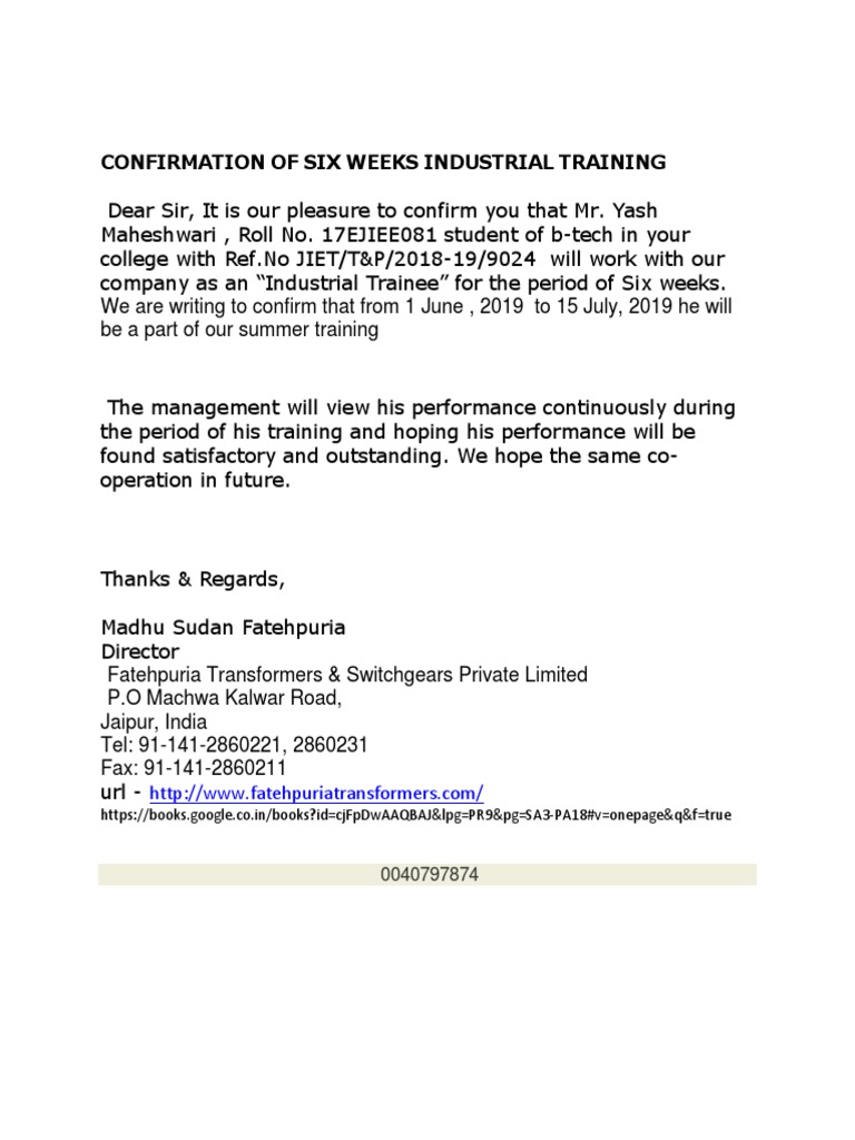 6 Week Industrial Training Confirmation Letter | PDF