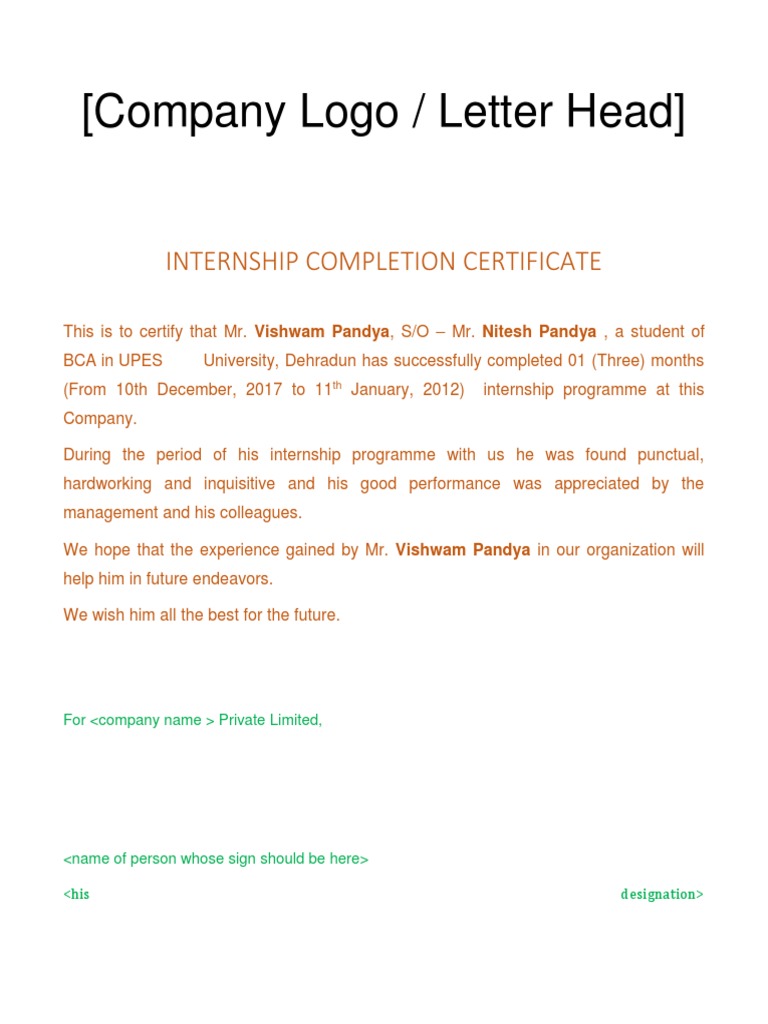 (Company Logo / Letter Head) : Internship Completion Certificate | PDF ...