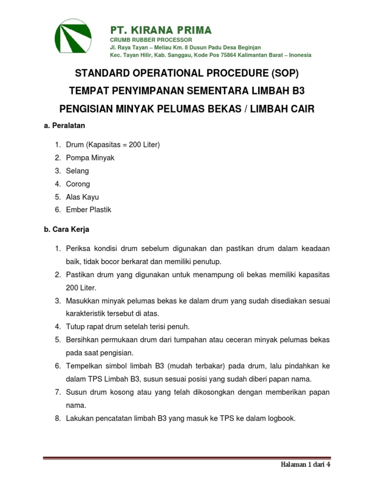 Standard Operational Procedure Tanggap Darurat Tps Limbah b3 | PDF