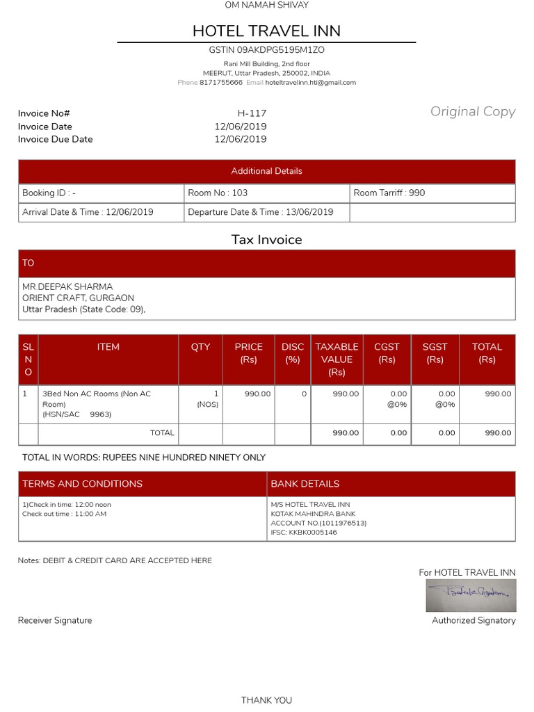 Hotel Travel Inn: Tax Invoice | PDF | Invoice | Payments