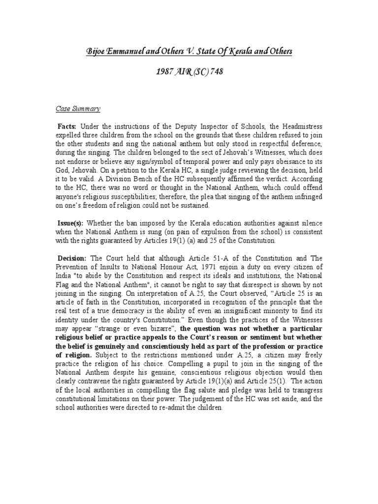Bijoe Emmanuel vs. State of Kerala Case | PDF | Justice | Crime & Violence