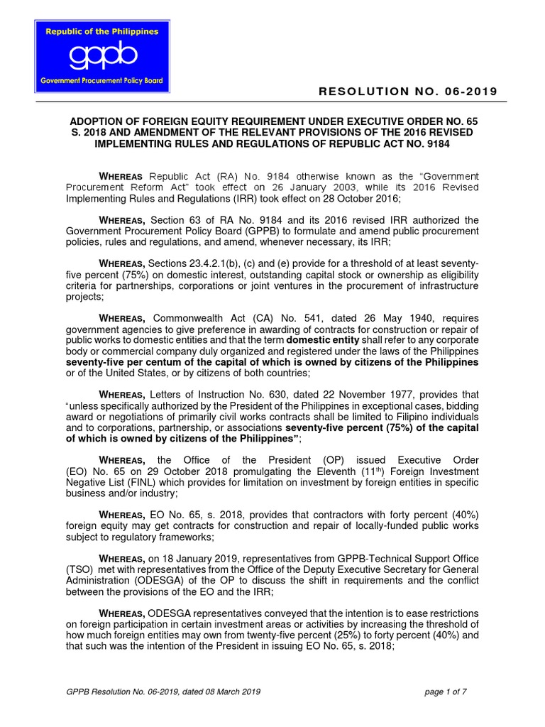 GPPB Resolution No. 06-2019 | PDF | Joint Venture | Public Sphere