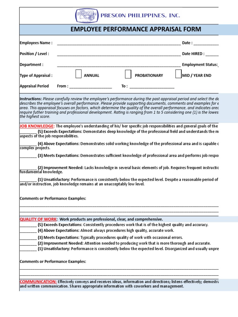 Employee Performance Appraisal Form: Job Knowledge | PDF | Performance ...