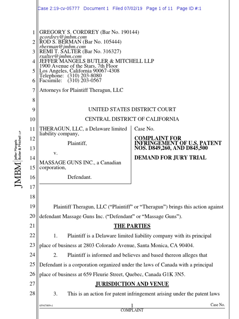 Theragun v. Massage Guns - Complaint | PDF | Patent Infringement ...
