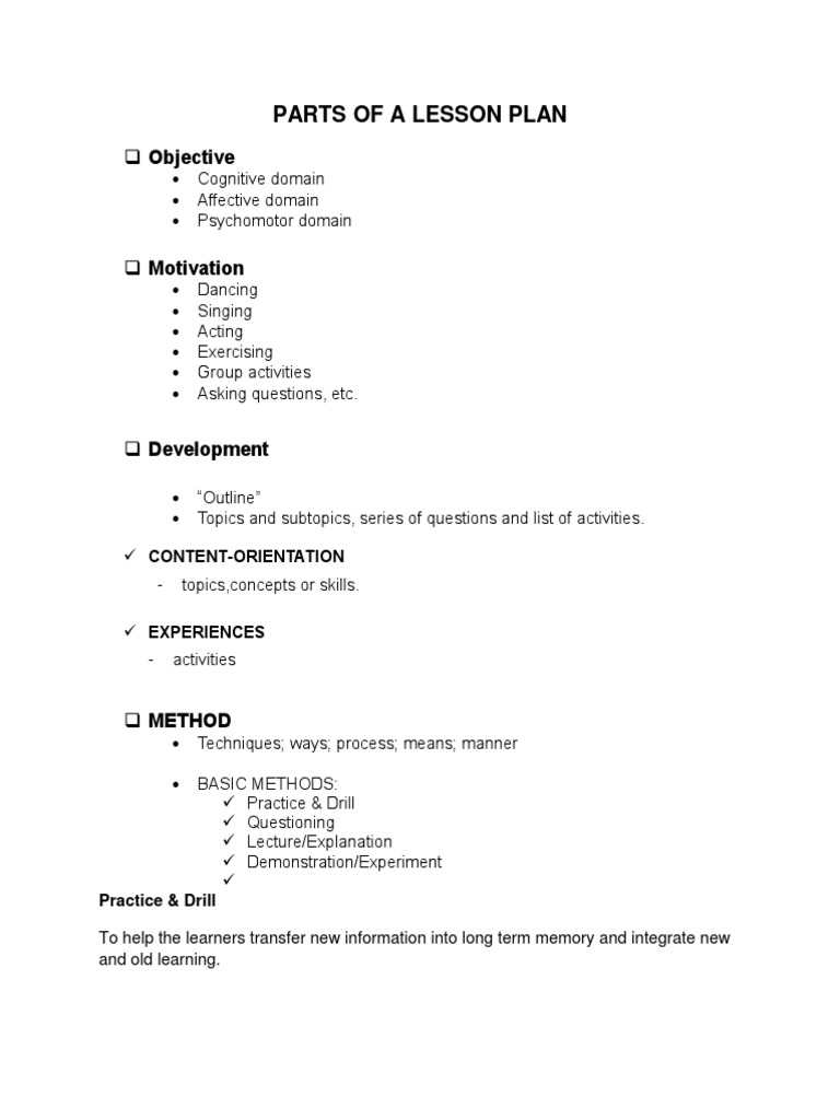 Parts of A Lesson Plan: Objective | PDF