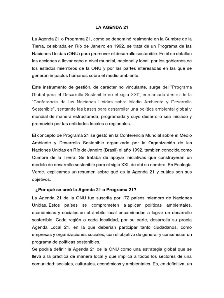 La Agenda 21 | PDF | Desarrollo sostenible | Naciones Unidas