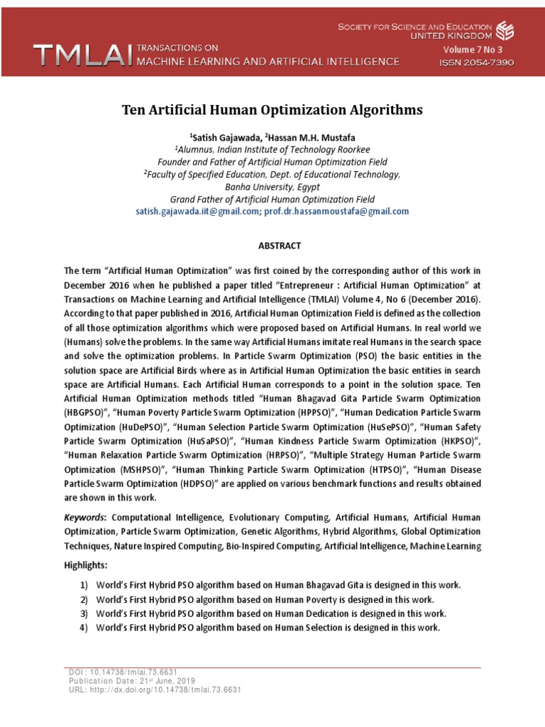Ten Artificial Human Optimization Algorithms | PDF | Artificial Intelligence | Intelligence (AI ...