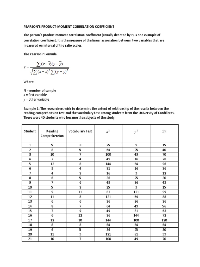 Pearson'S Product-Moment Correlation Coefficient: X First Variable y Other Variable | PDF ...