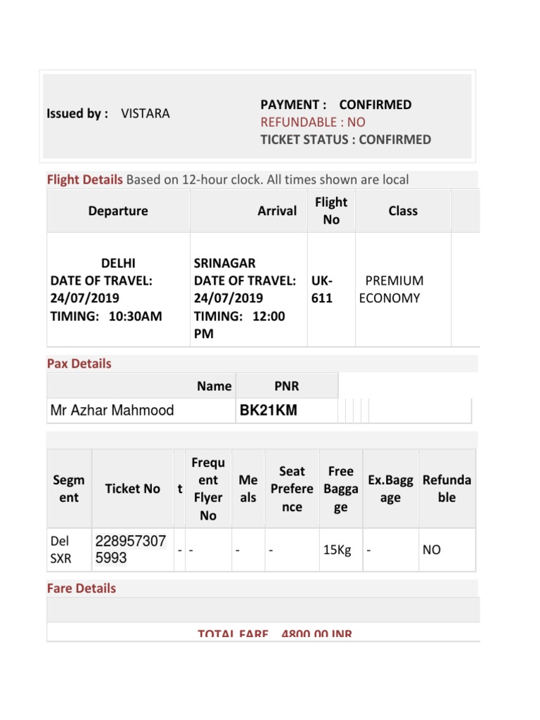 Vistara Flight Confirmation Details | PDF