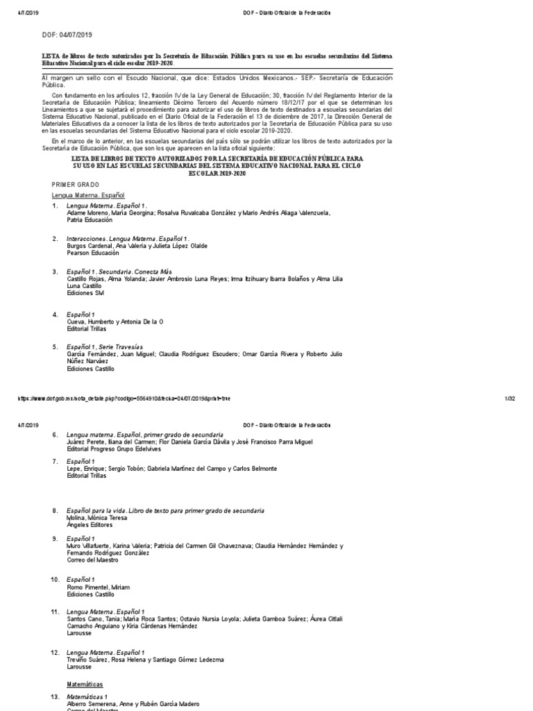 Lista de Libros de Texto Autorizados Por La SEP para Secundarias 2019 ...