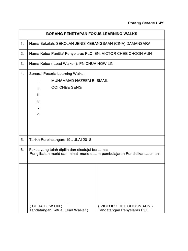 Borang Learning Walk PJ | PDF